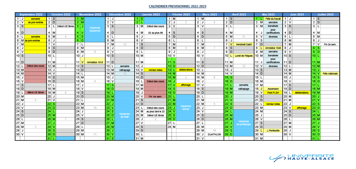 Calendrier universitaire – Faculté des Lettres, Langues et Sciences Humaines de Mulhouse
